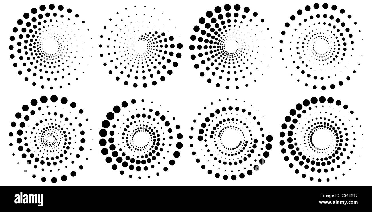 Halftone round elements, twisters, halftone circular textures with dots ...