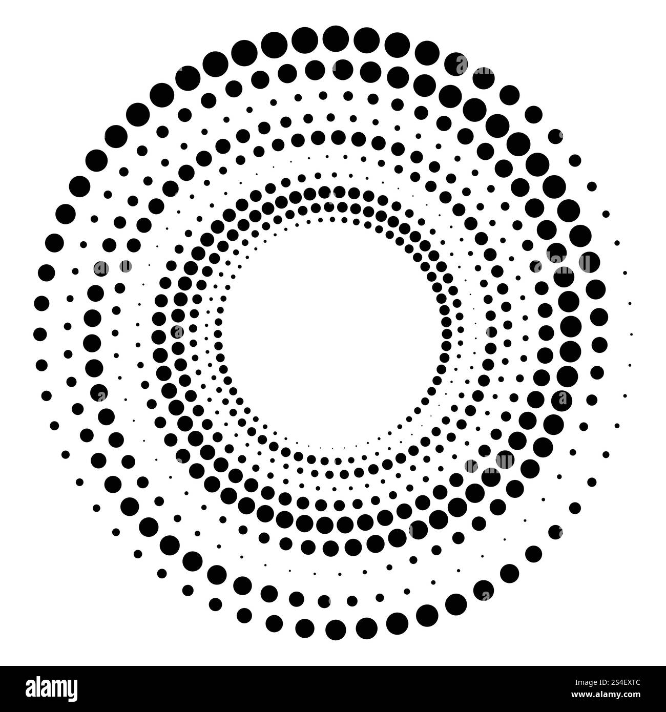 Black round halftone texture. Dotted radial swirl or tornado shape. Gradient circle. Pop art ...
