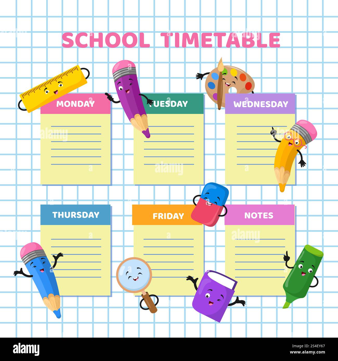 School timetable with funny cartoon stationery characters. Children ...