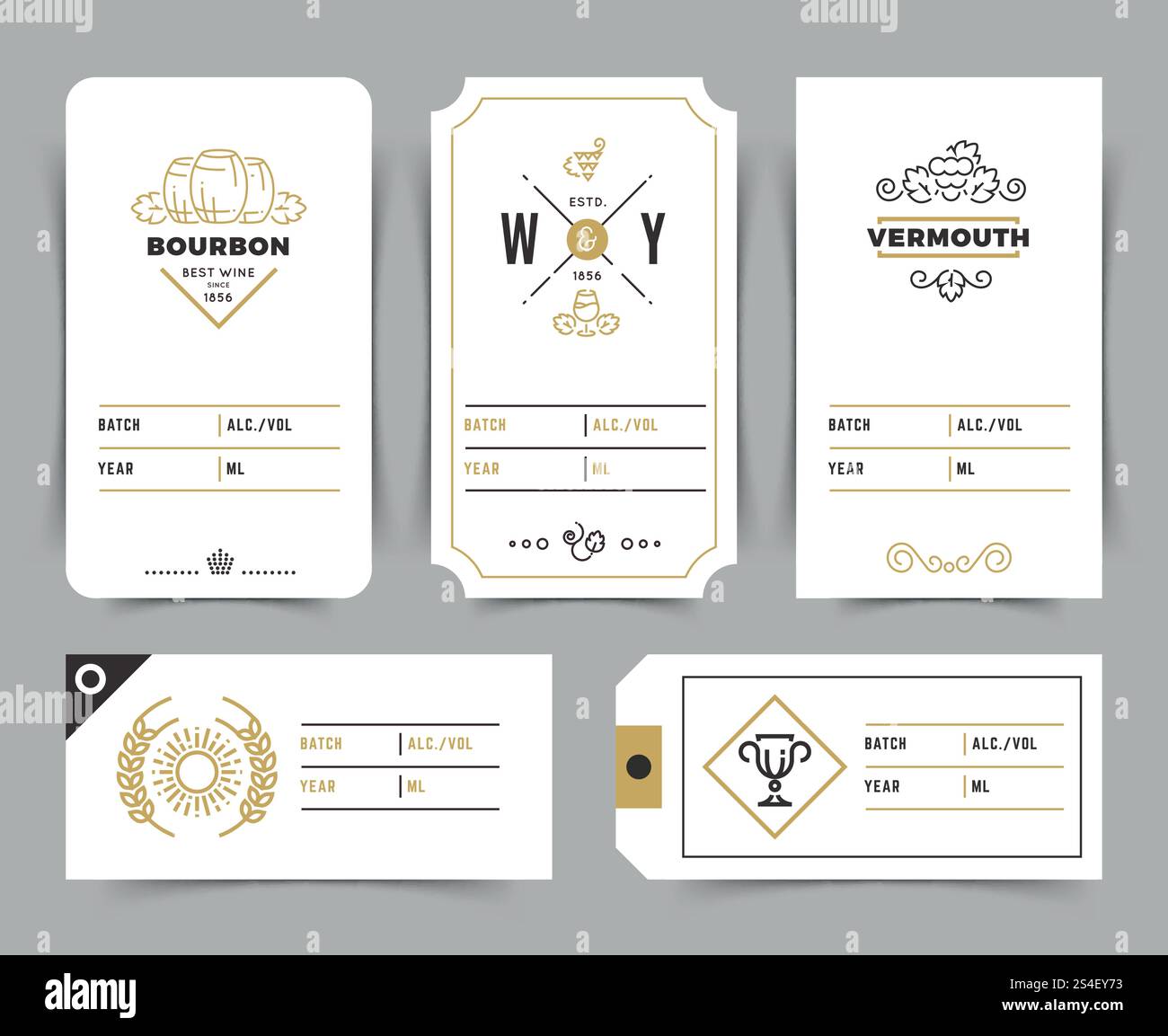 Vintage alcoholic drinks bottle vector labels and price tags in line ...
