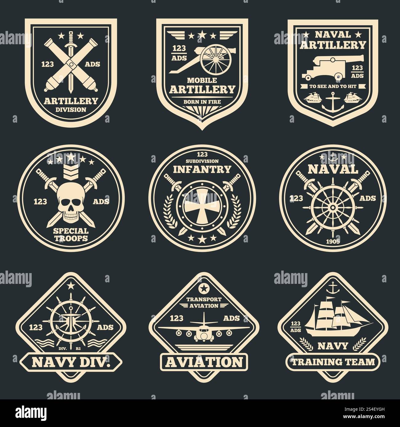 Vintage military and army vector emblems, badges and labels. Label and ...