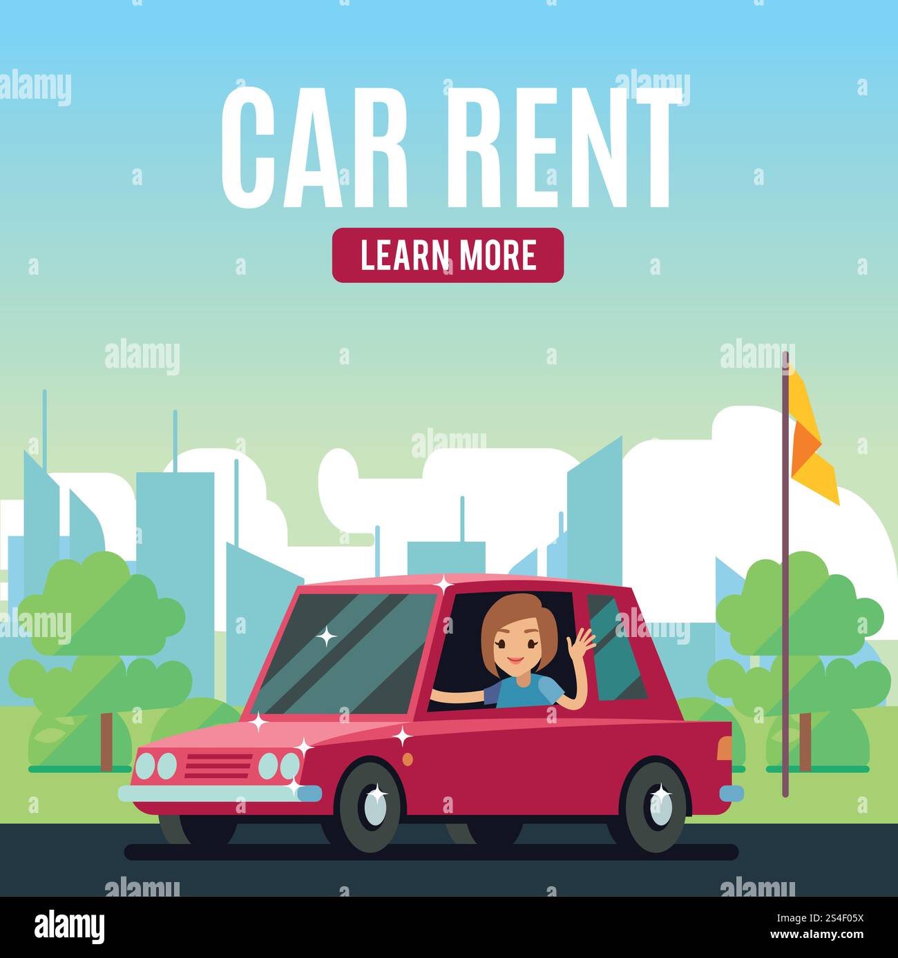 Car rental poster concept. Cartoon-style vector girl on red car. Auto ...