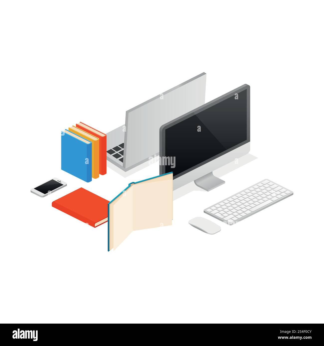 Isometric computer, laptop and some books. Office flat vector ...