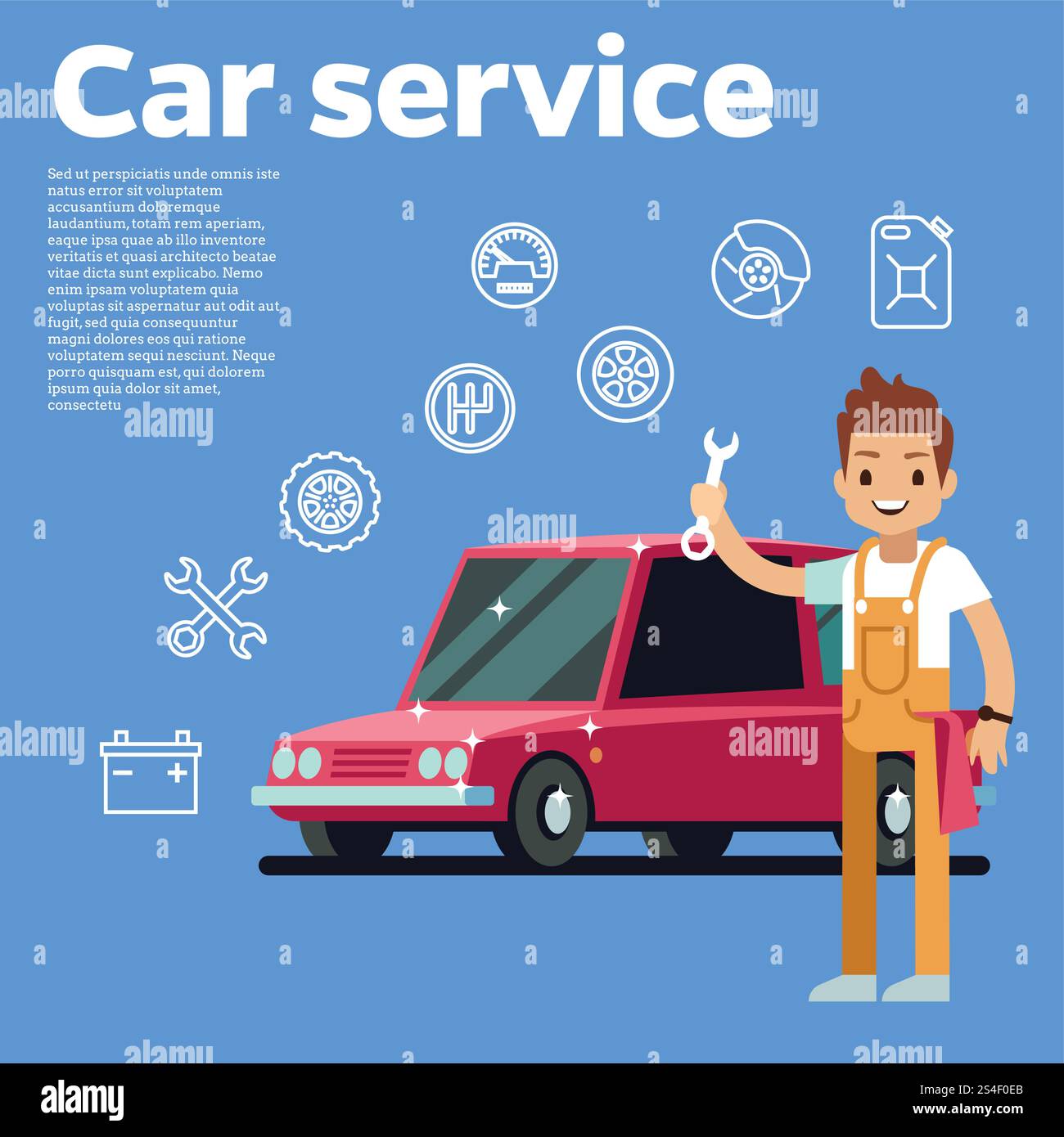 Cars tips vector illustration. auto mechanic with wrench against the ...
