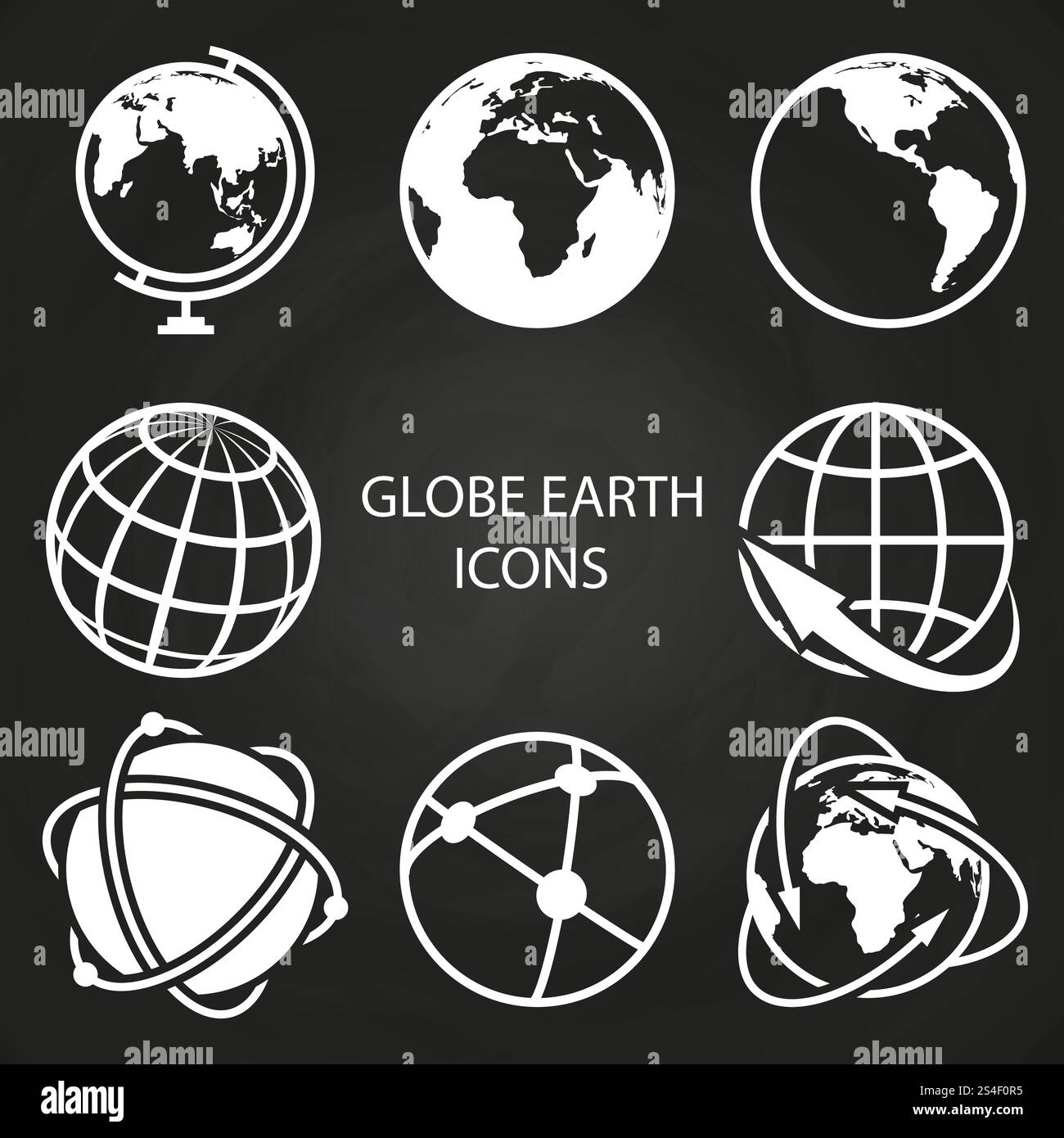 Globe earth icons collection on blackboard. Abstract global sphere ...