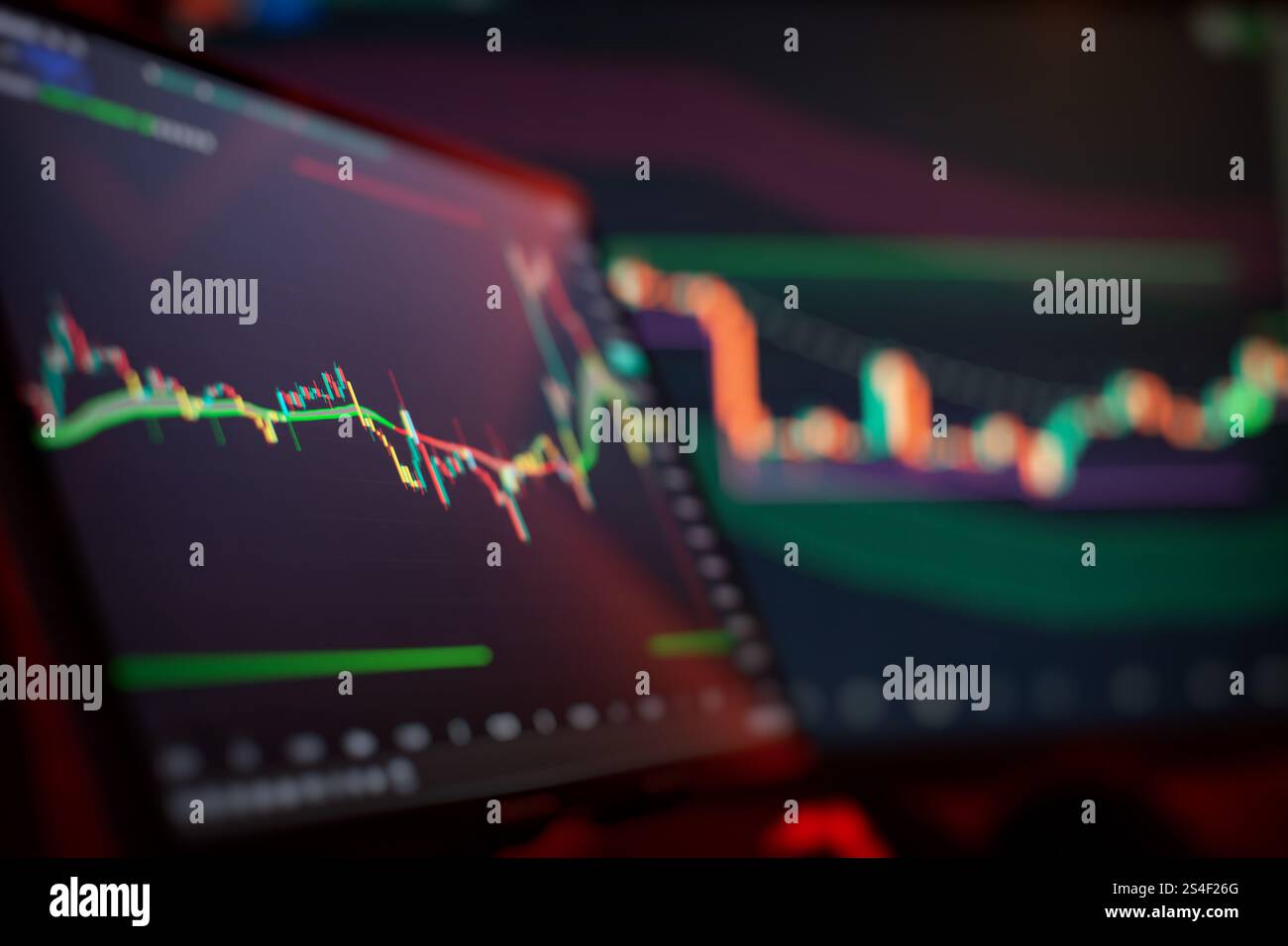 Abstract digital financial chart with colored candlestick charts, trend ...