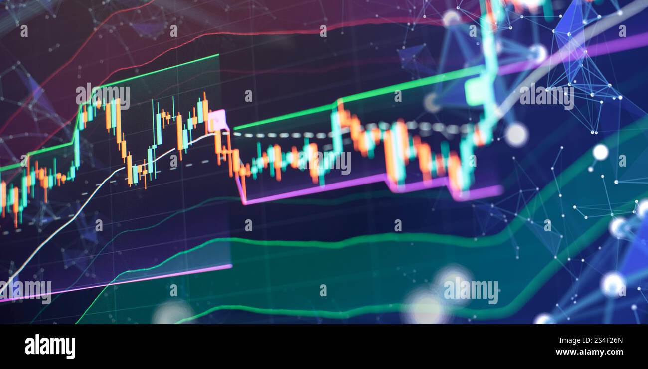 Abstract digital financial chart with colored candlestick charts, trend ...