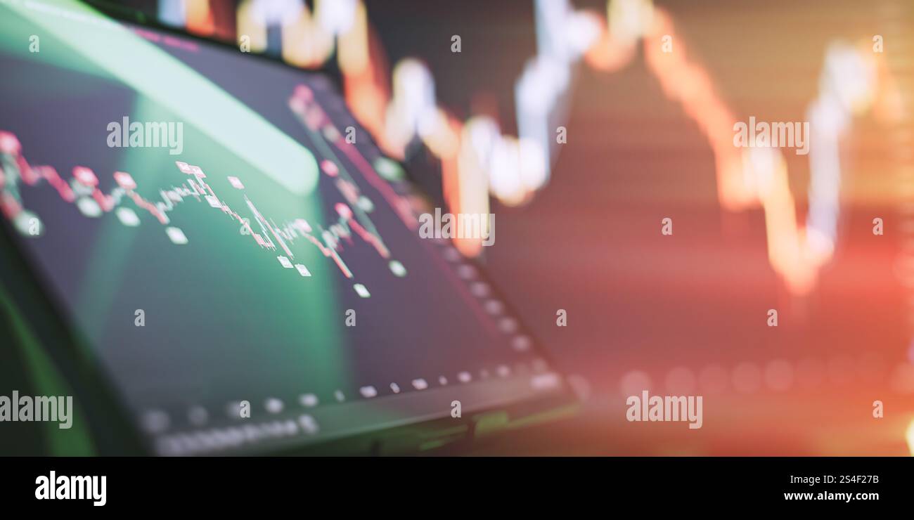 Abstract stock trading interface with green candlestick chart and warm ...