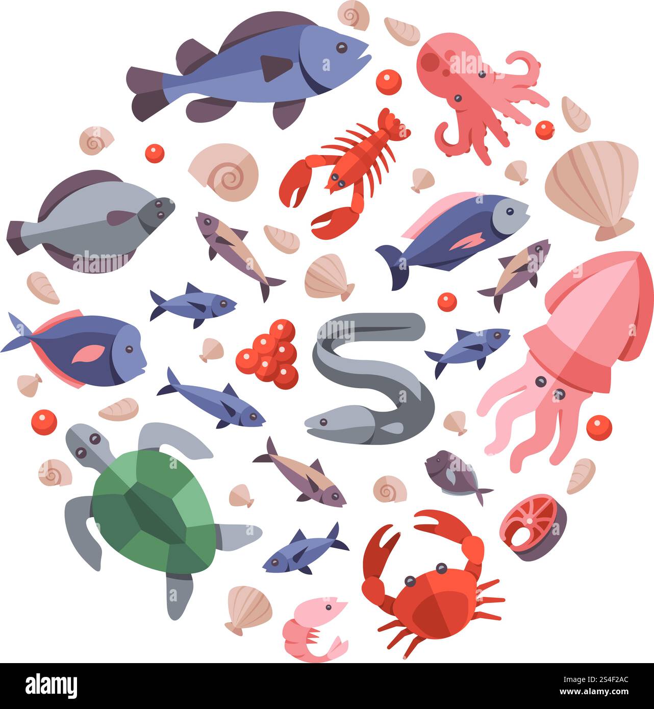 Ocean animals seafood and cooking fish flat icons. Color sea food crab ...