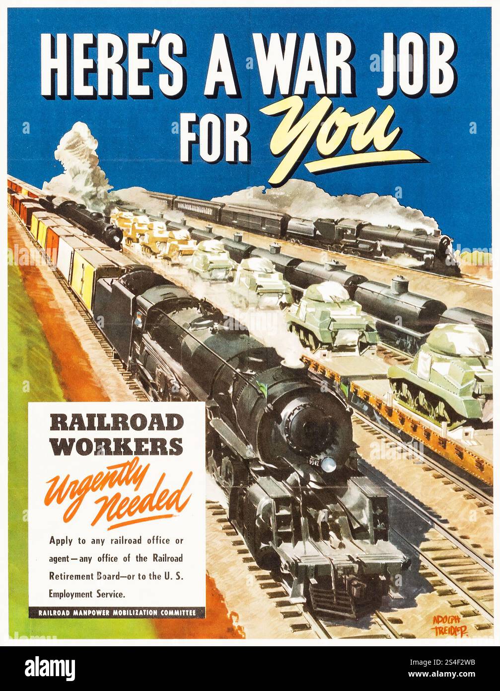 American World War II Propaganda Poster (Railroad Manpower Mobilization Committee, 1944) "Here's ...