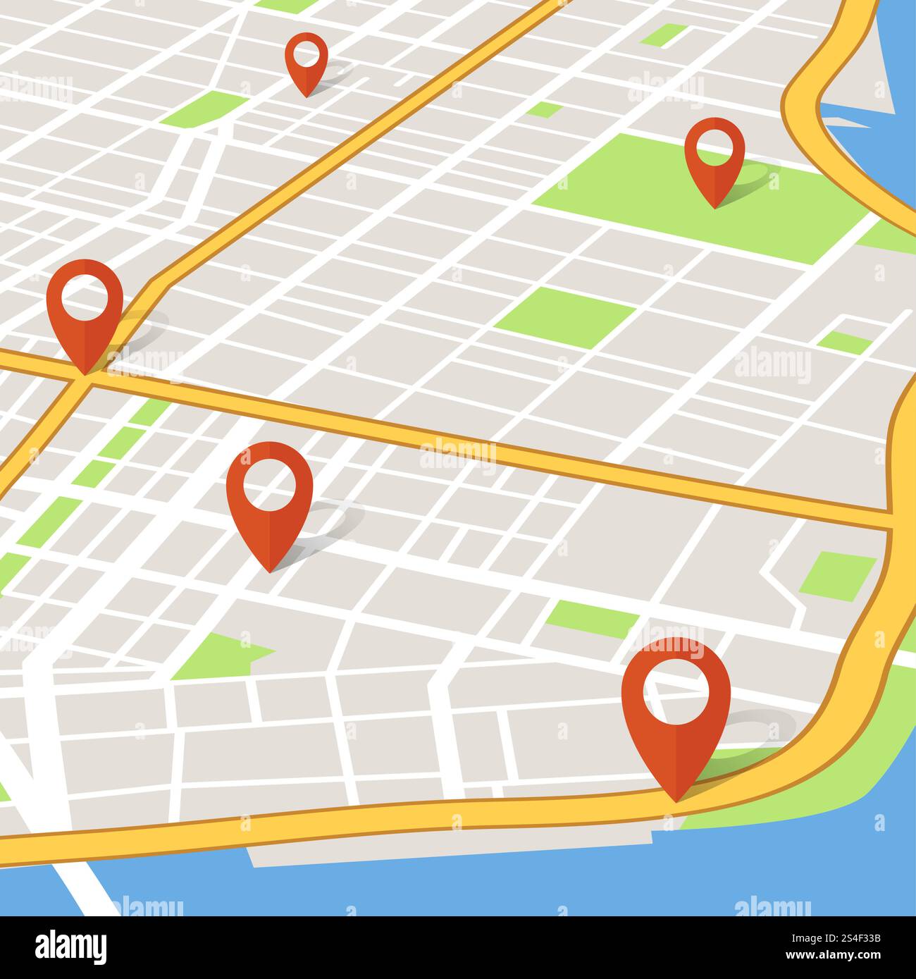 Perspective 3d city map with pin pointers. Abstarct gps navigation ...
