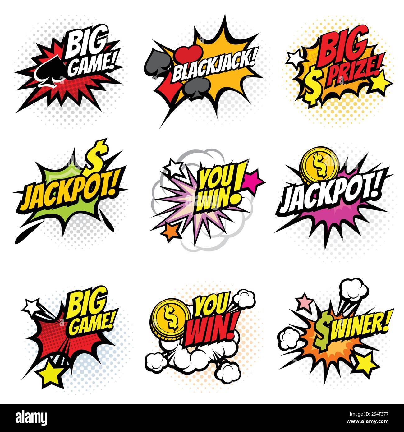 Vector winning game bubble stickers in retro pop art comic style ...