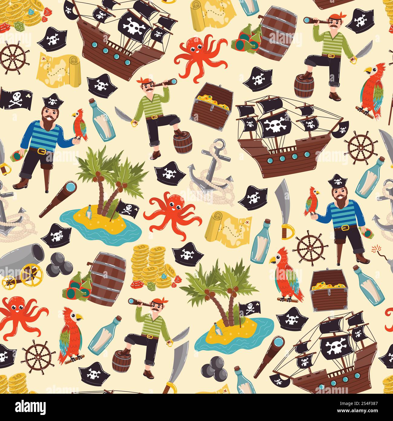 Cartoon pirate themed seamless pattern for kids. Pirate ship and ...