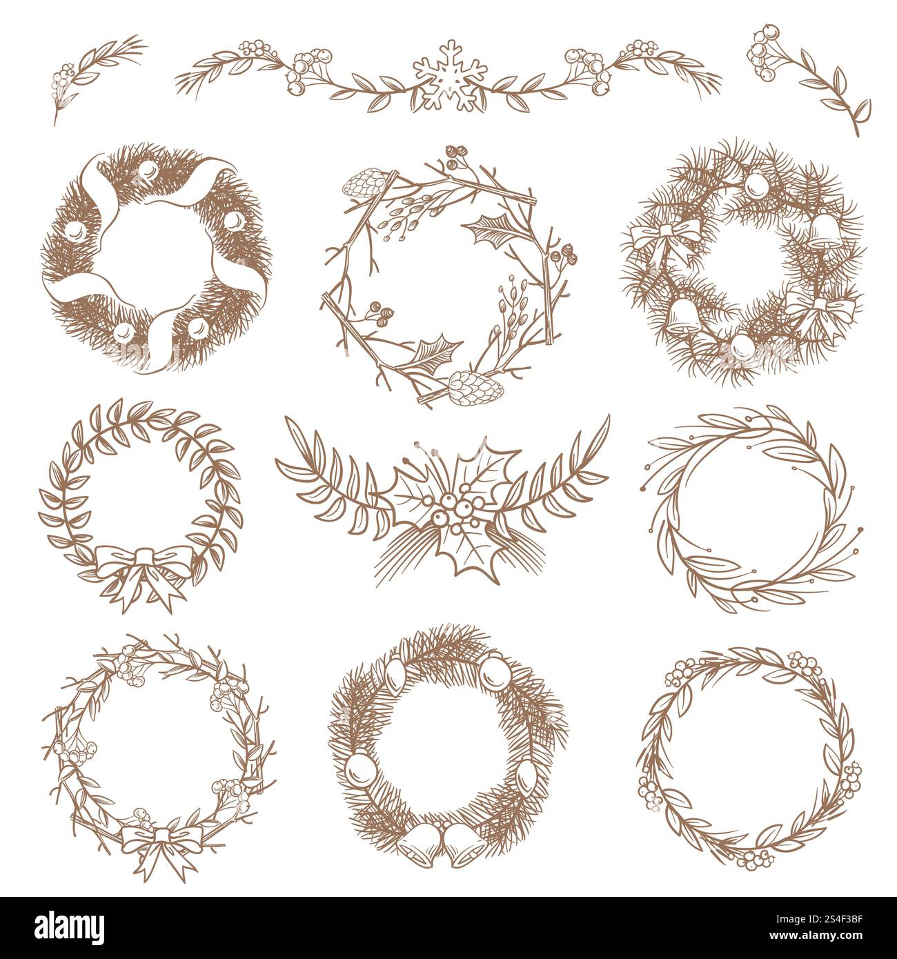 Christmas hand drawn wreaths, border frames with fir branch vector ...