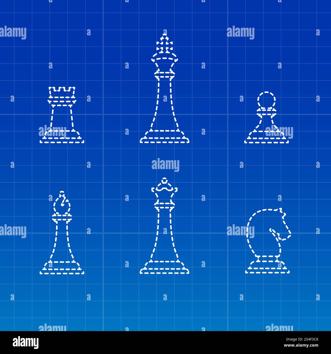 White chess pieces silhouettes on blue notebook backdrop. Vector ...