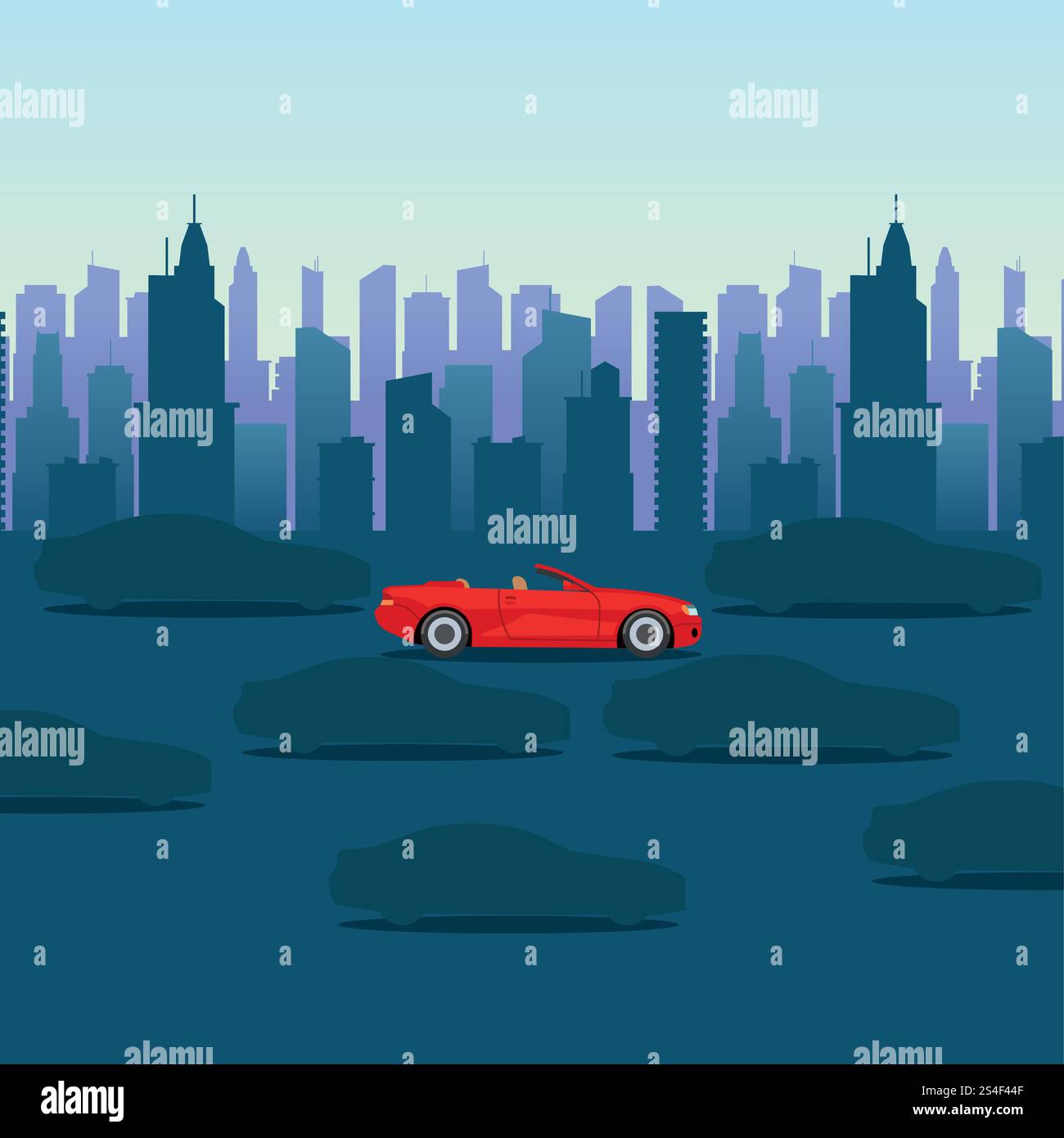 Cool cartoon-style red car on dark city background. Urban vector ...