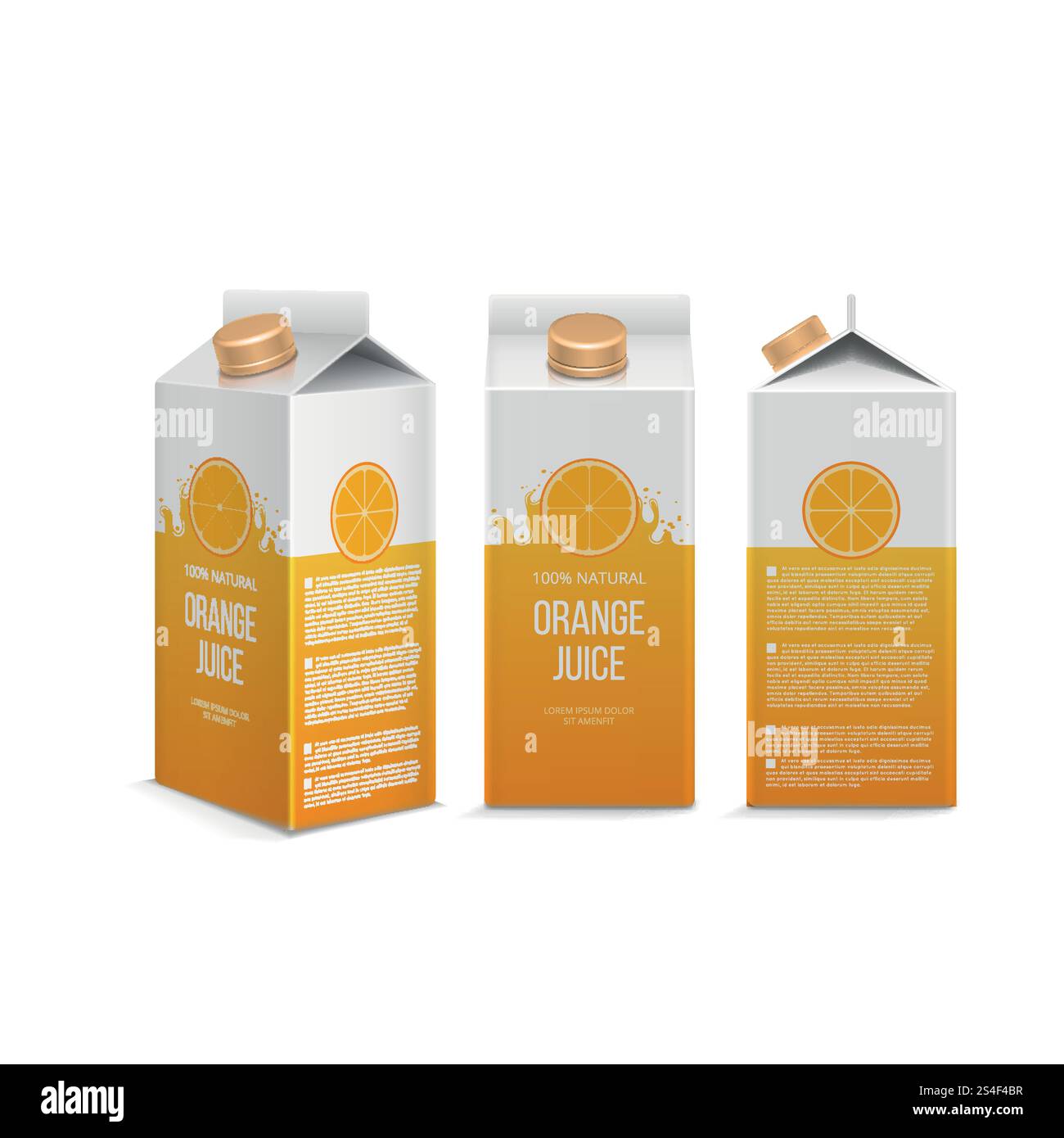 Realistic orange juice box in different projections. Box with juice ...