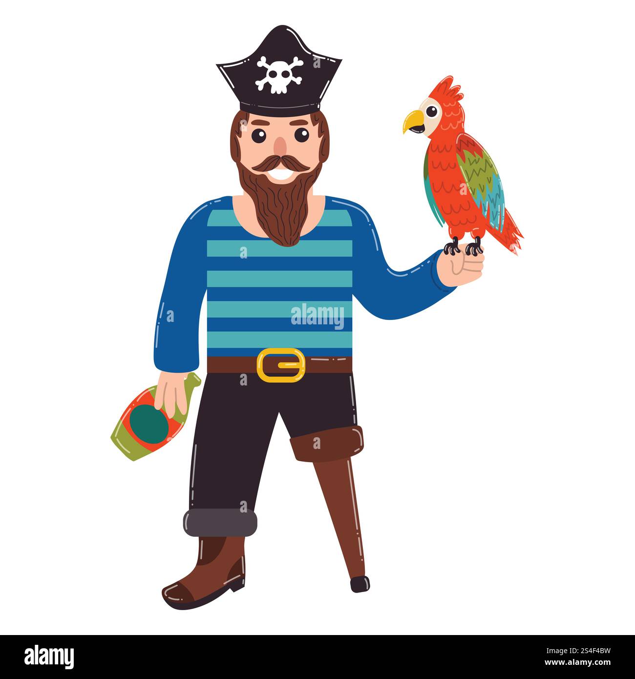Cartoon pirate with wooden leg, Macaw parrot and bottle of rum in flat ...