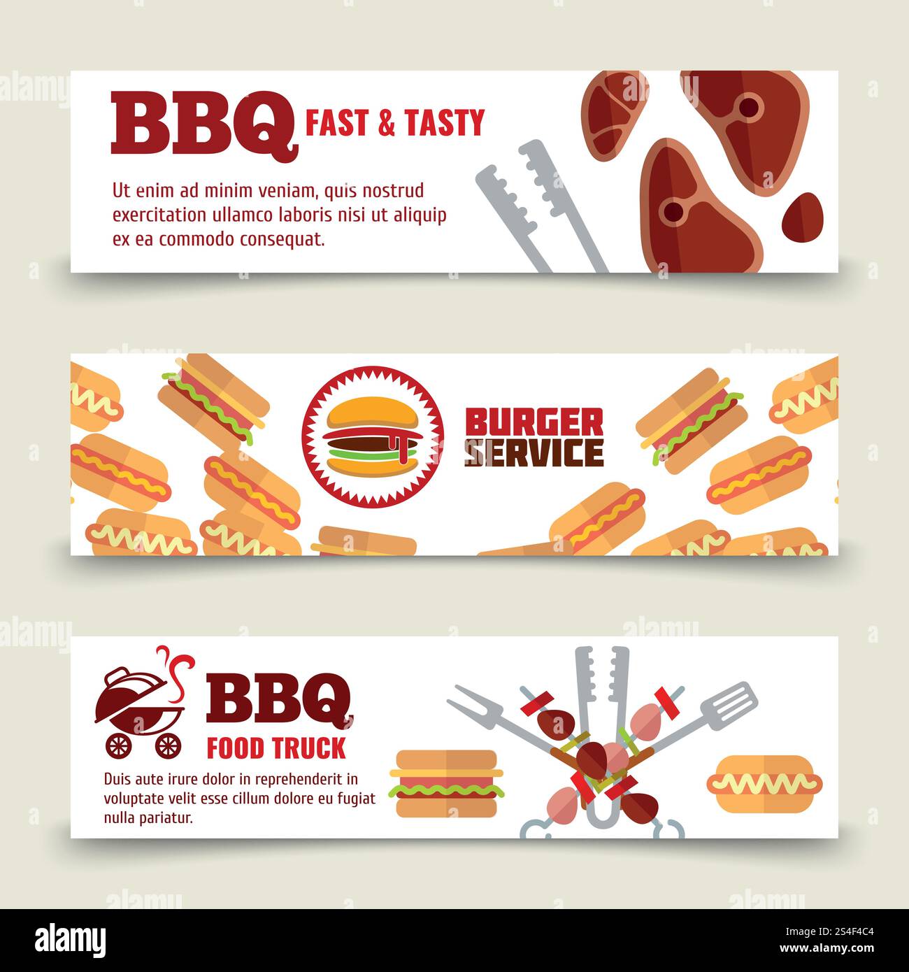 BBQ and steak horizontal banners template. Meat, burgers and barbecue ...