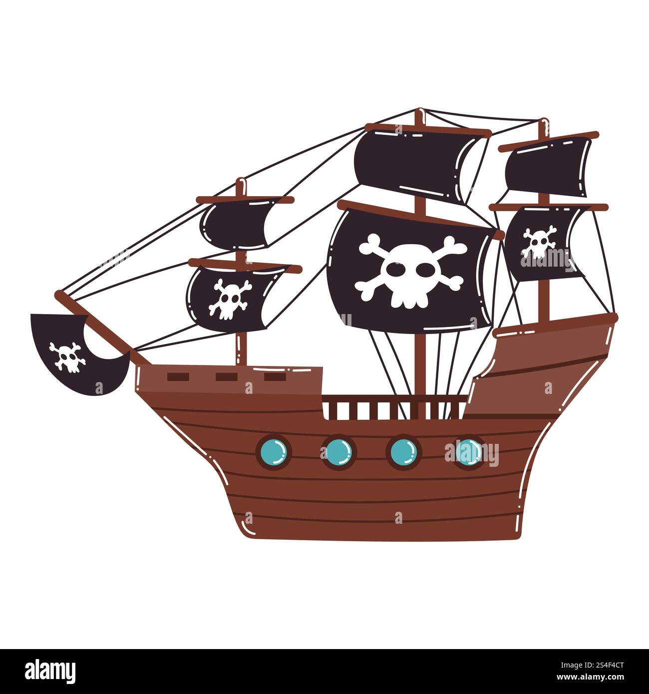 Cartoon historic pirate sailing ship with black sails, skulls and bones ...