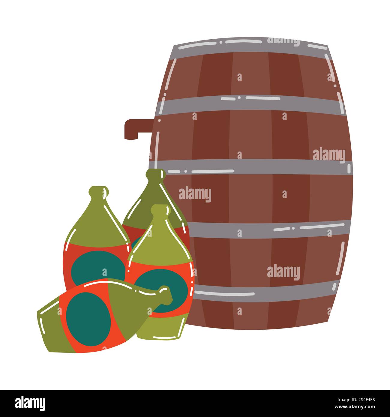 Cartoon empty rum bottles and a barrel of alcoholic drink. Ship's ...