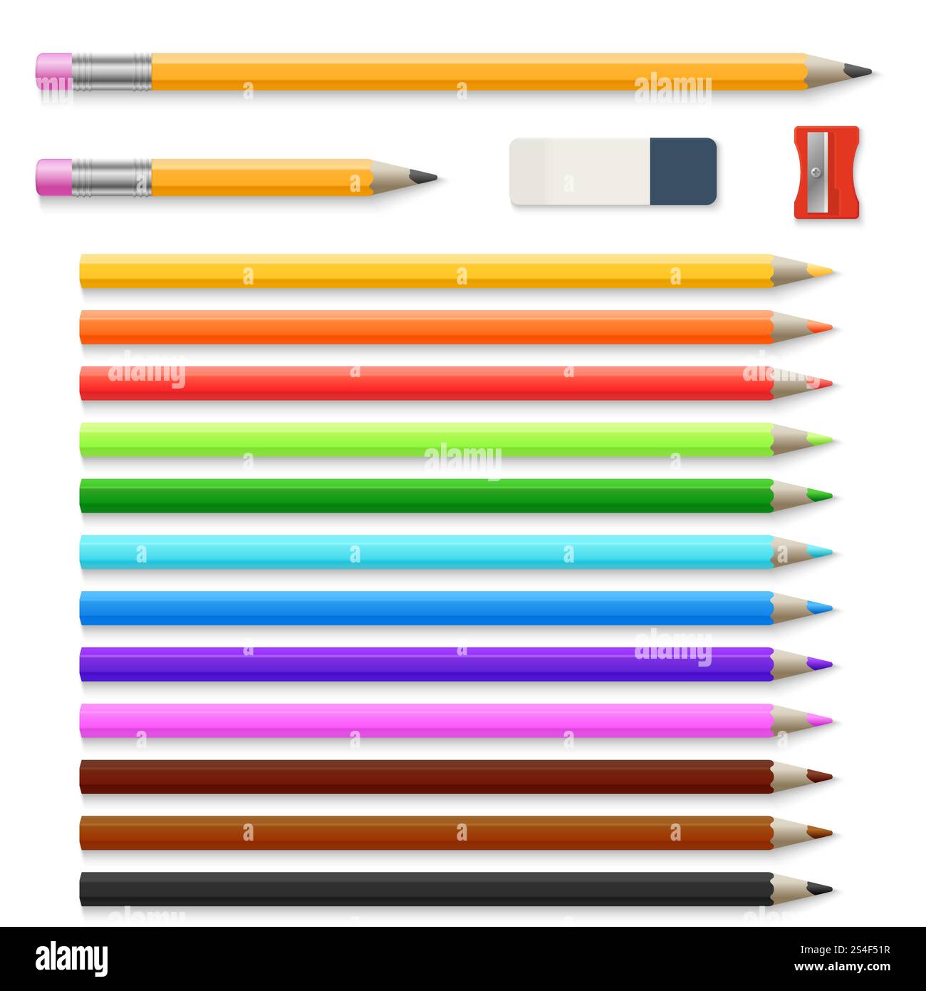 Colored pencils, eraser and sharpener isolated on white vector set ...