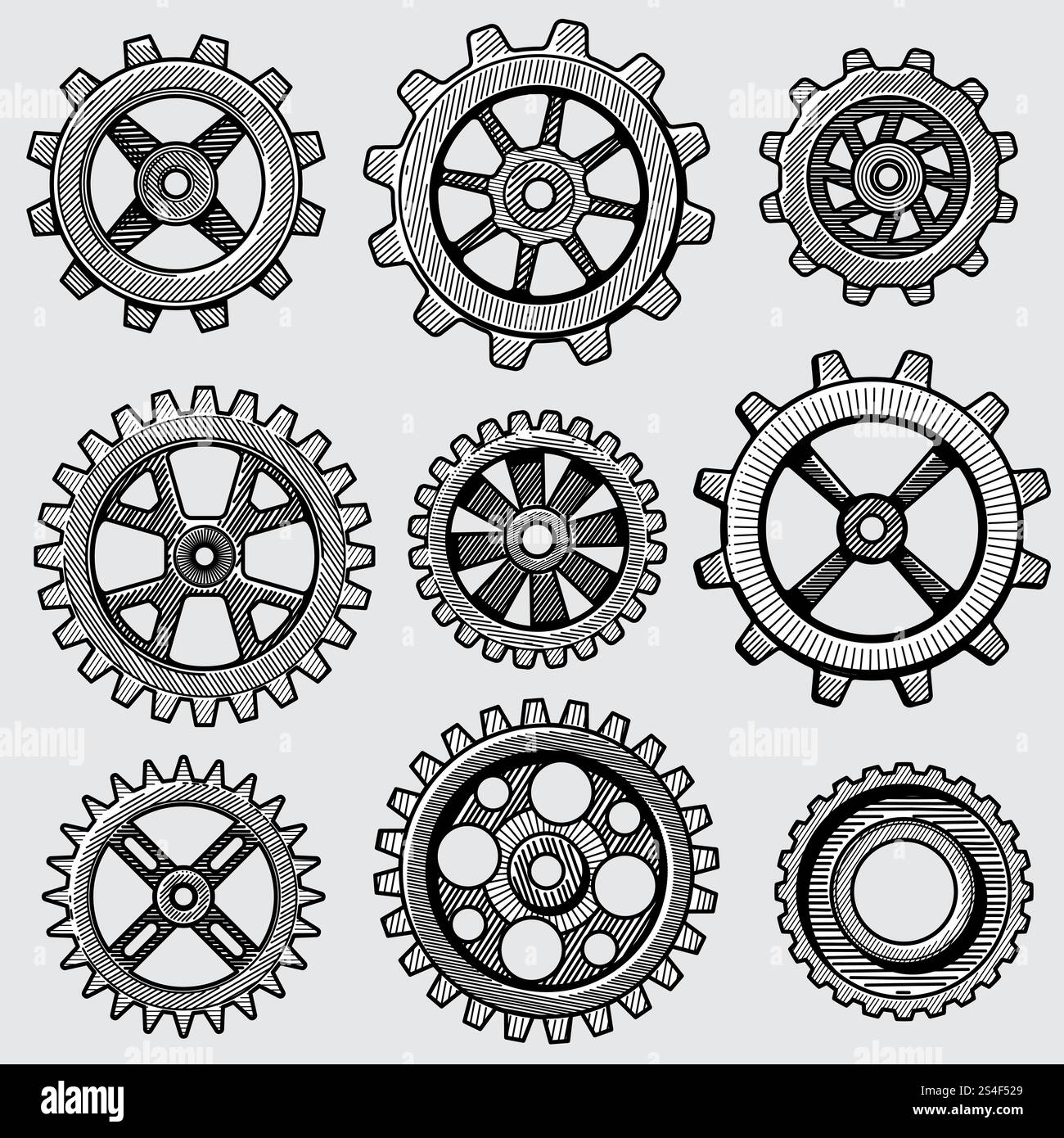 Retro sketch mechanical gears. Hand drawn vintage cog wheel parts of ...