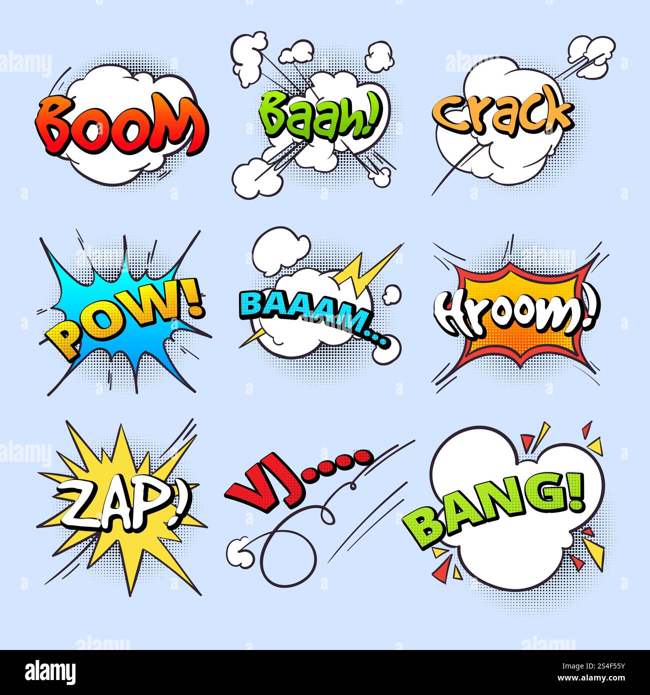 Cartoon speech bubbles, explode bang sound with comic text elements vector collection. Comic ...