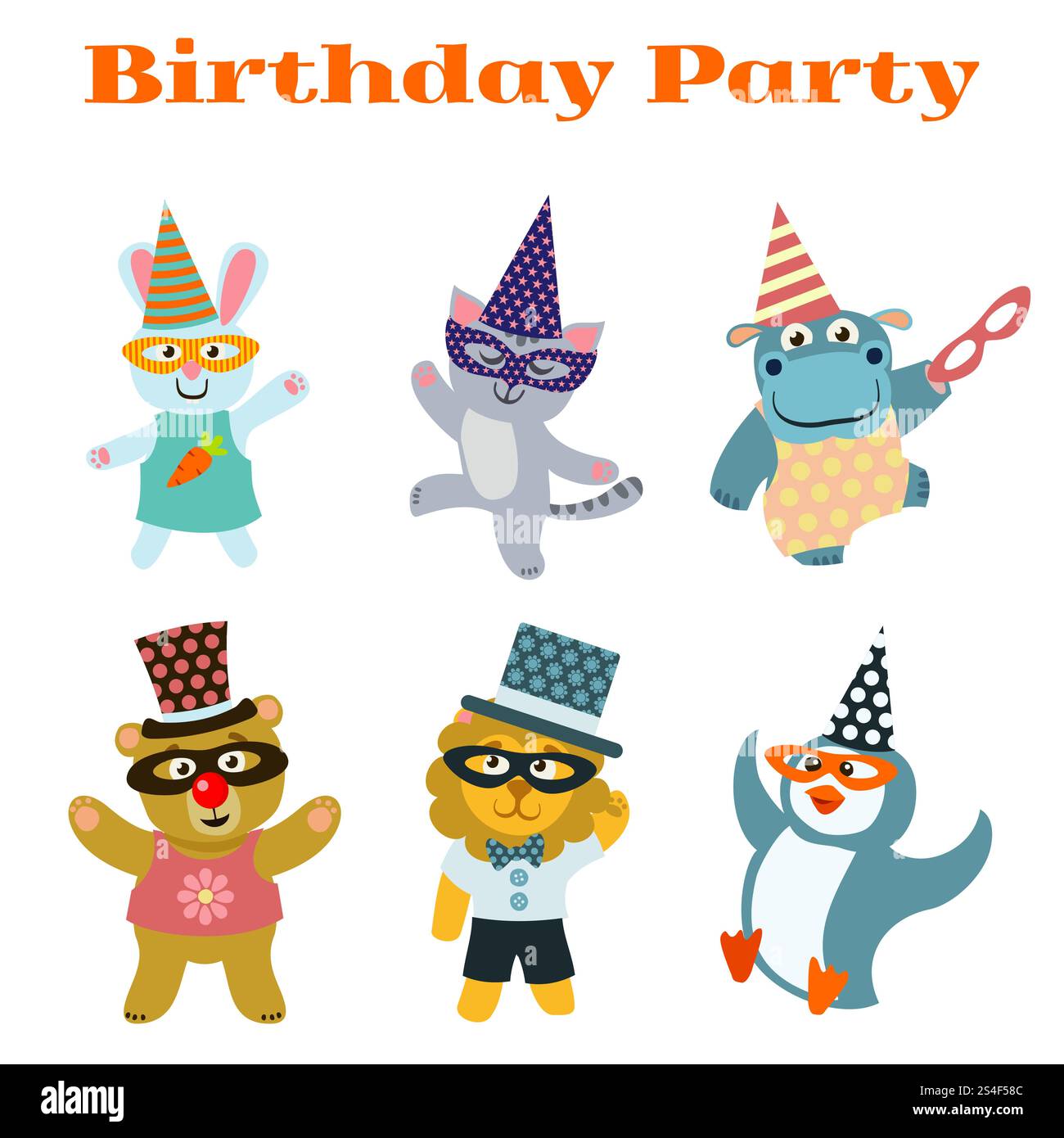 Cute dancing animals on birthday masquerade party. Lion and penguin ...