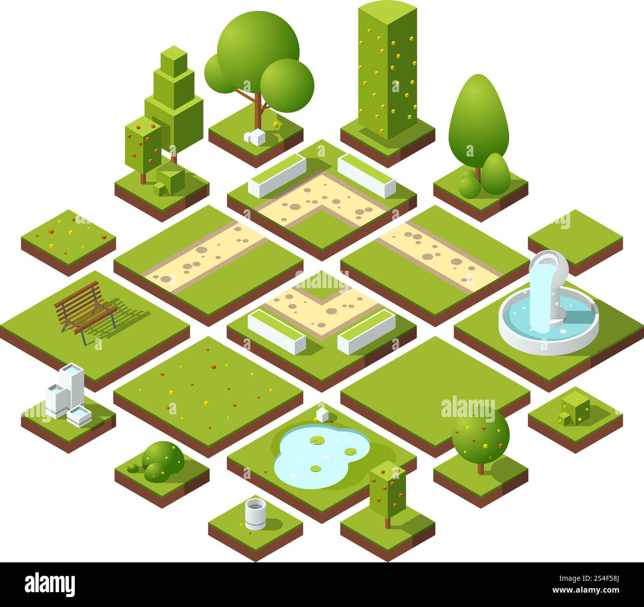 Isometric urban elements and garden decoration. Benches, fountain trees ...