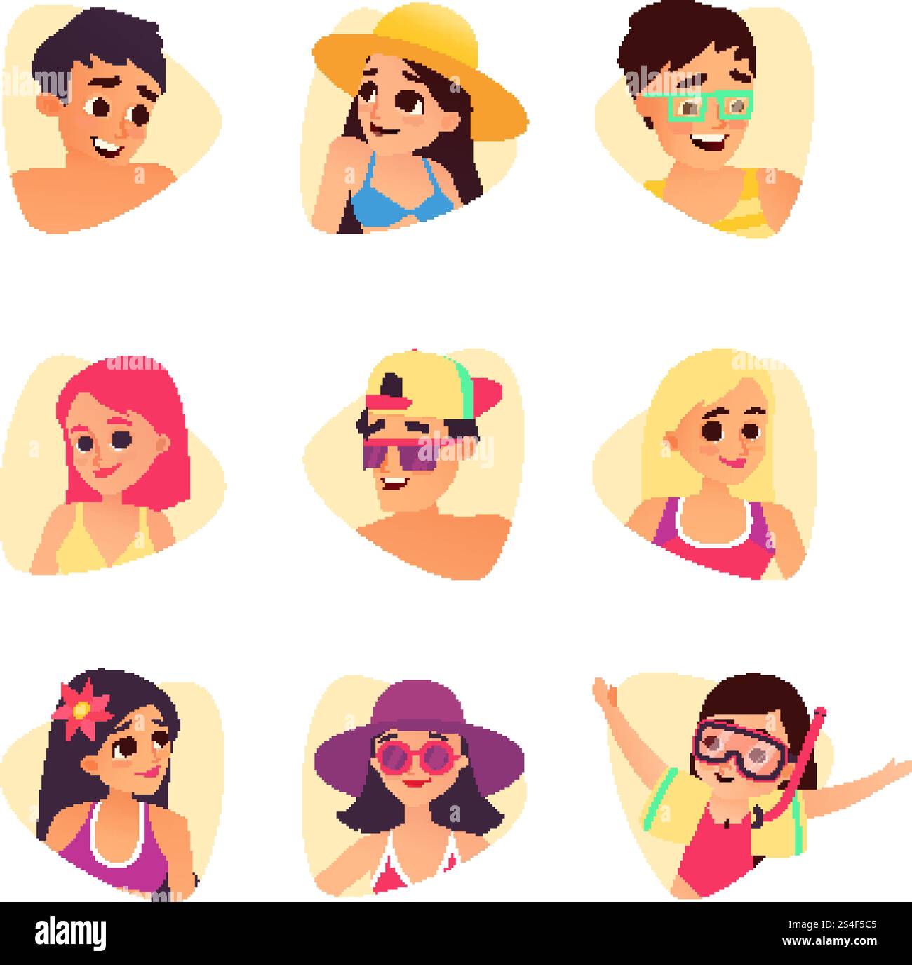 Set of summer cartoon characters. People avatars, summer girl and boy ...