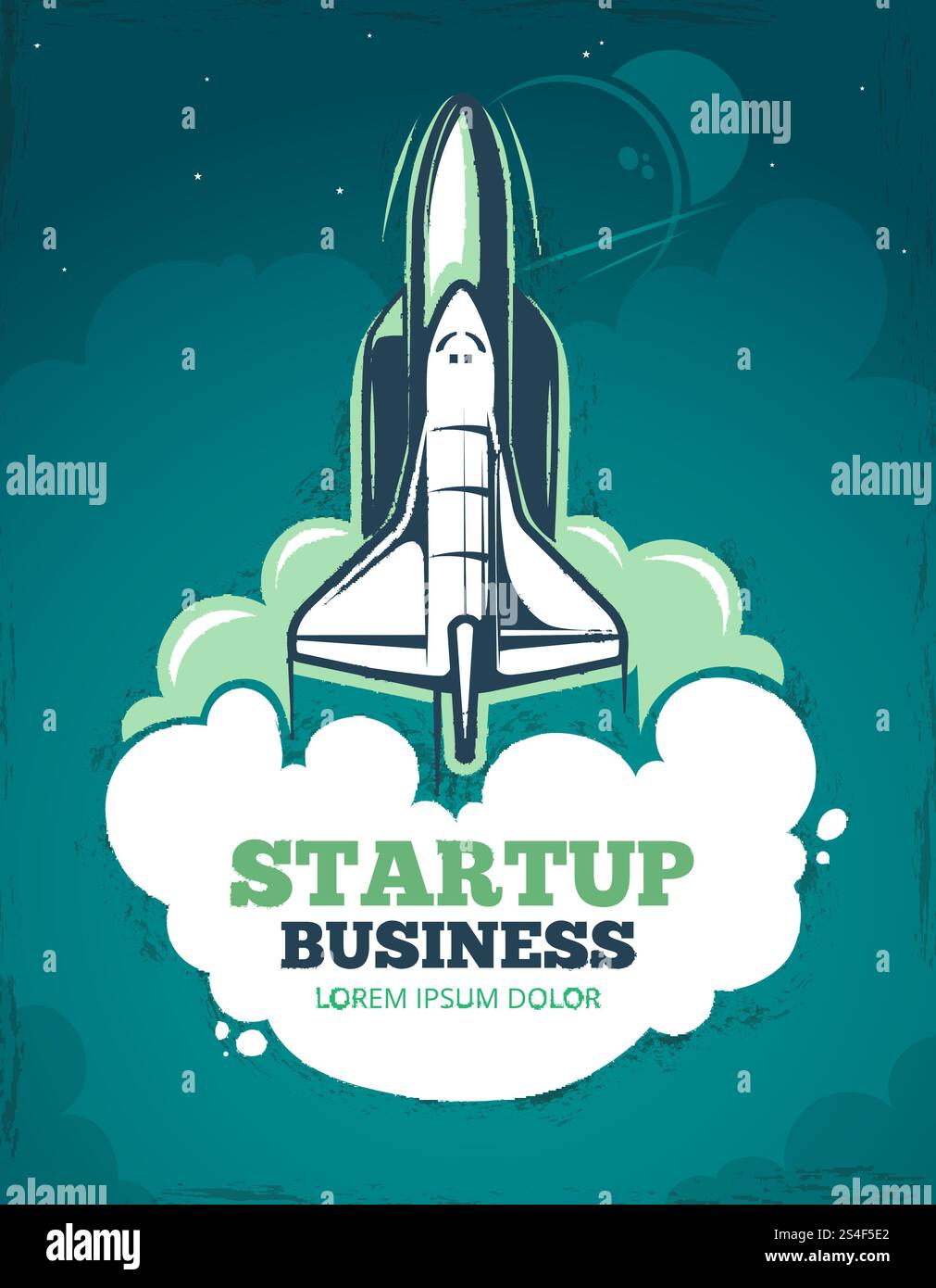 Startup vector grunge vintage 60s poster with rocket, spaceship launch ...
