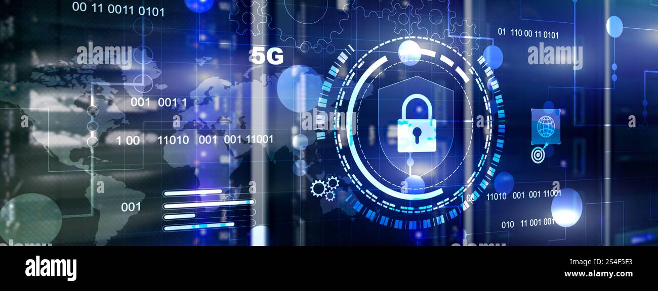 Cyber protection shield icon on server room background. Information ...