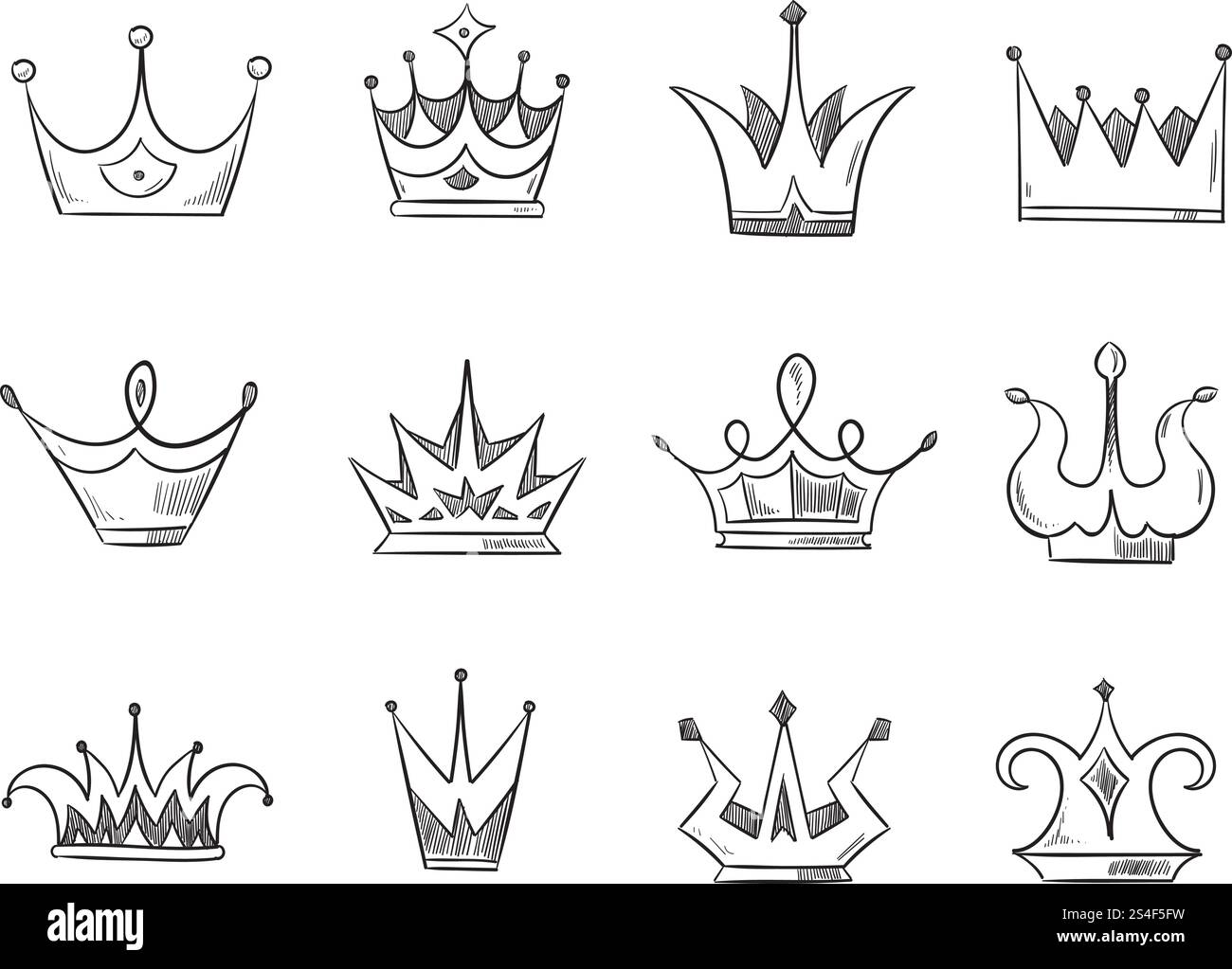 Hand drawn doodle nobility queens crowns vector. Set of line crowns ...