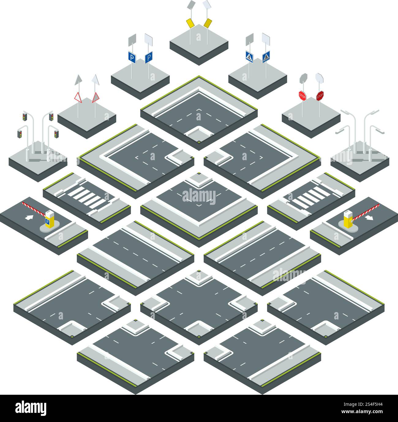 Isometric city roads, different signs on the highway. Stop or warning ...