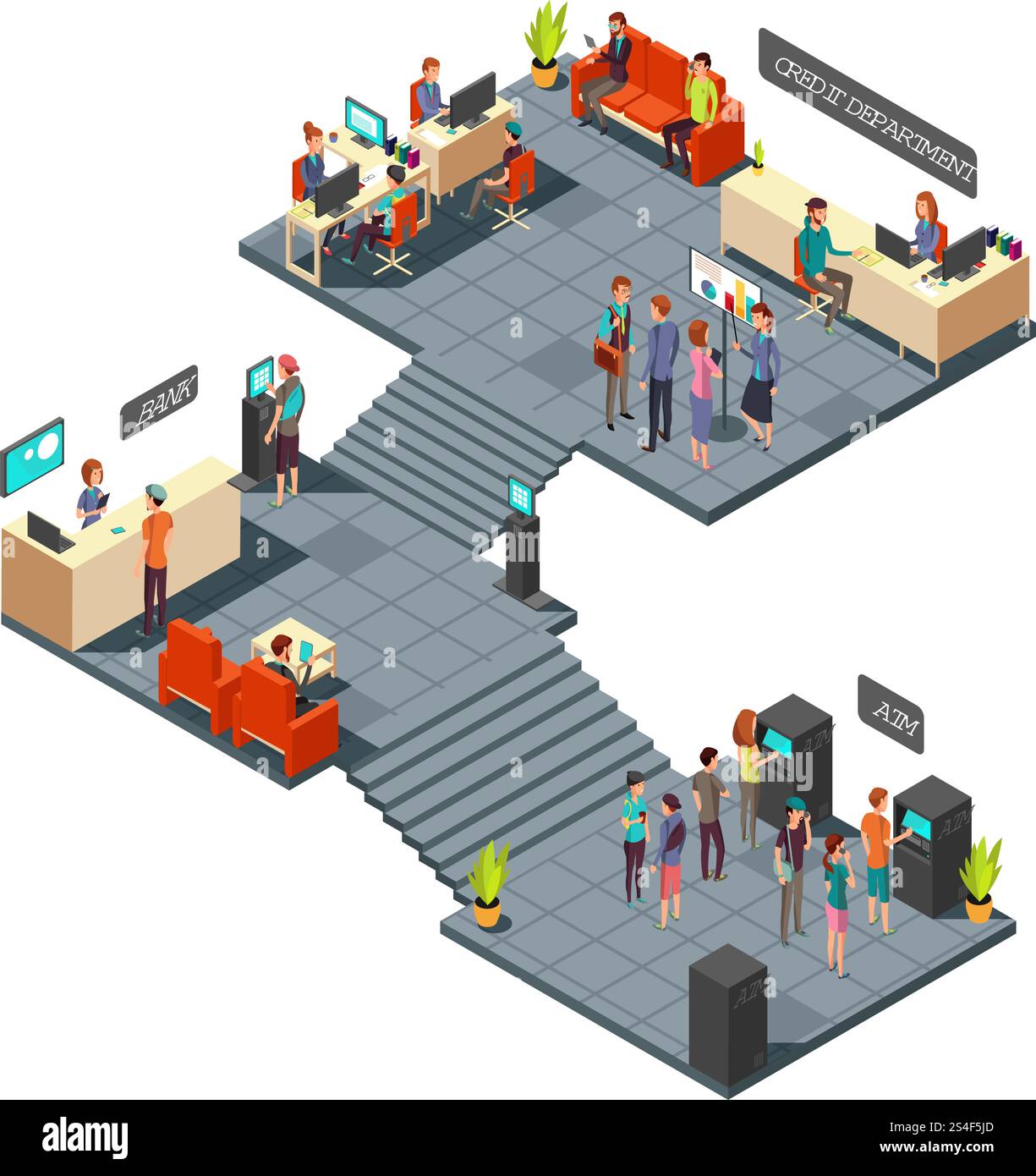 Commercial bank office 3d isometric interior with business people ...