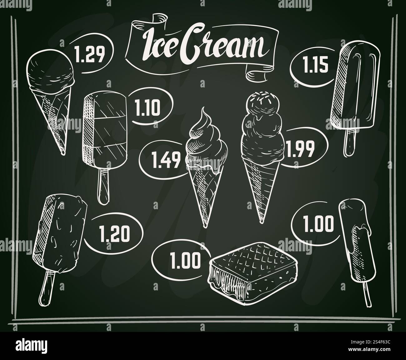 Hand drawn ice cream menu vector design on chalkboard. Menu with ice ...