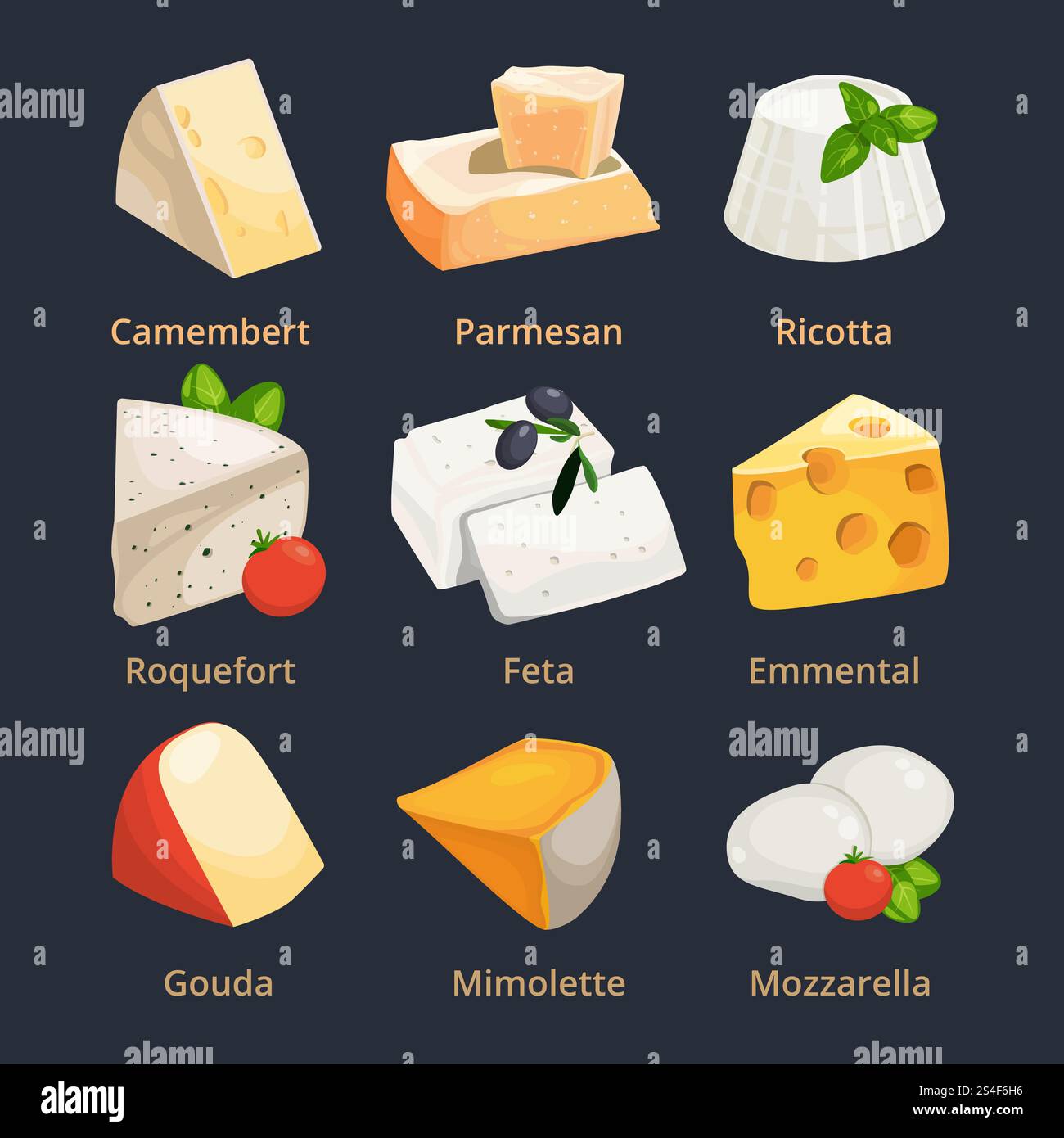 Cartoon illustration of different cheeses. Vector pictures set cheese ...