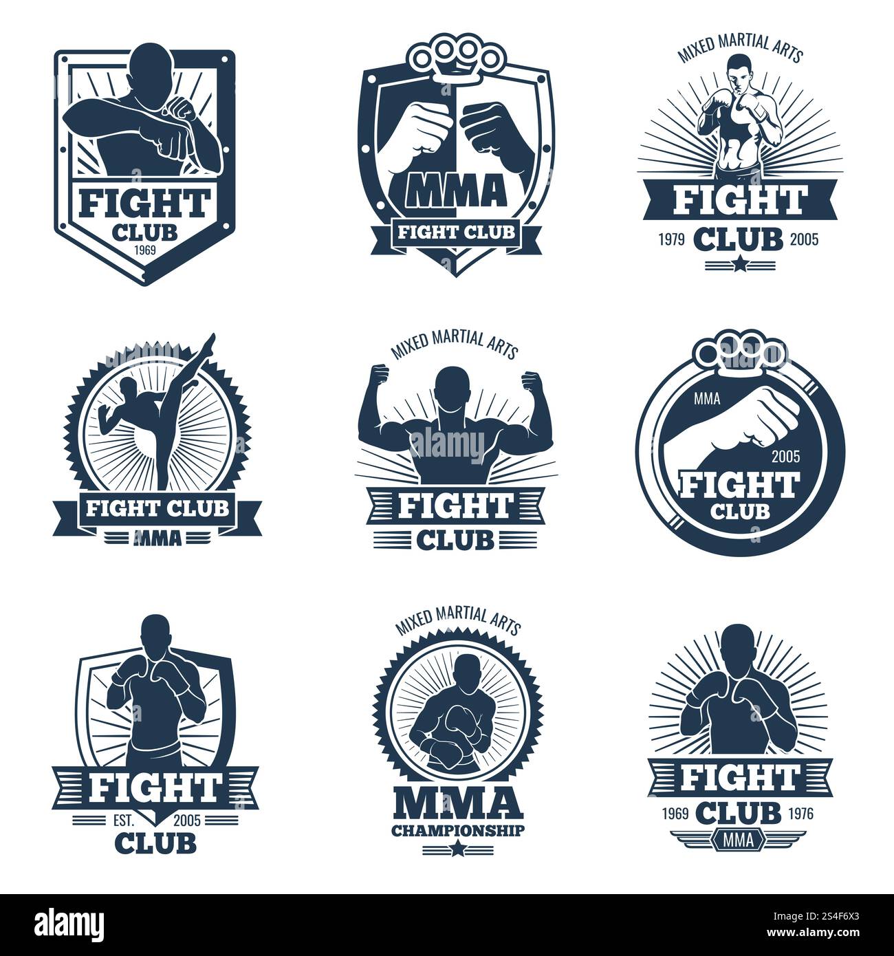 Retro mma vector emblems and labels. Fight club vintage logos. Emblem ...