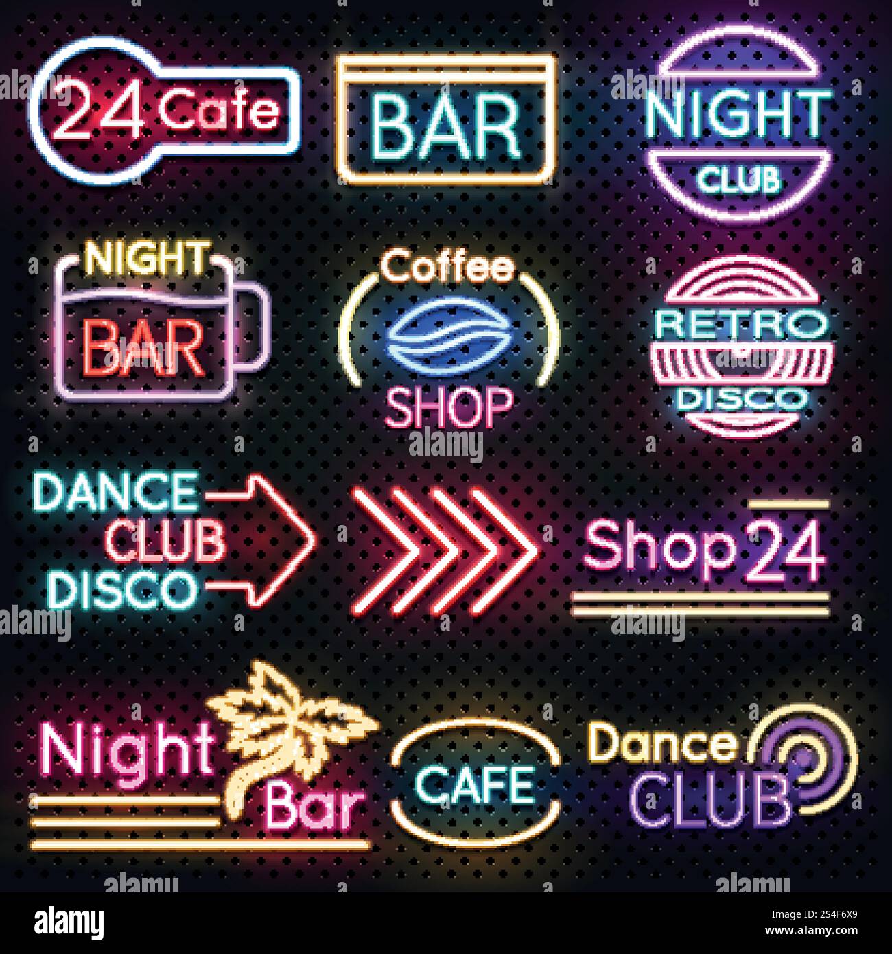 Vintage cafe and night club roadside neon signs vector set. Neon night ...