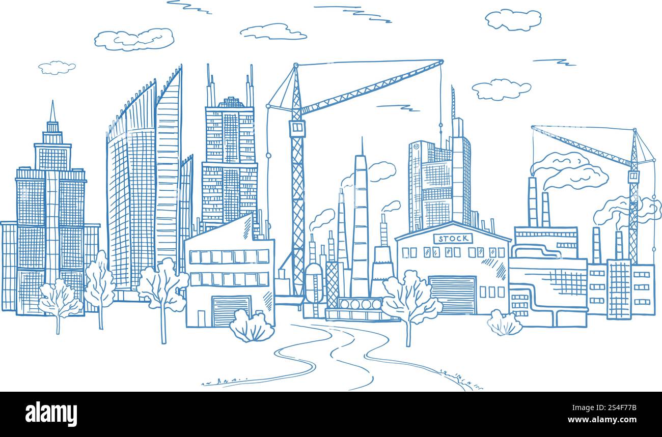 Big city landscape with different buildings. Vector hand drawn ...