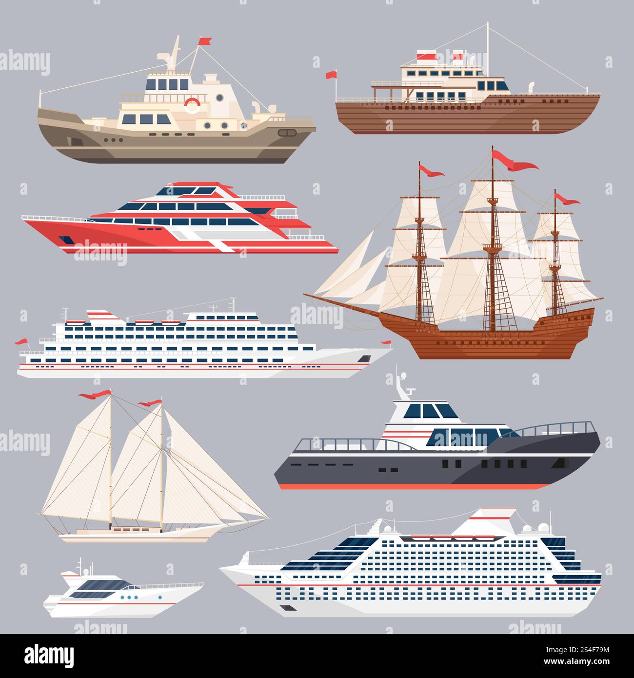 Set of different vessels. Sea boats and other big ships. Vector in flat ...