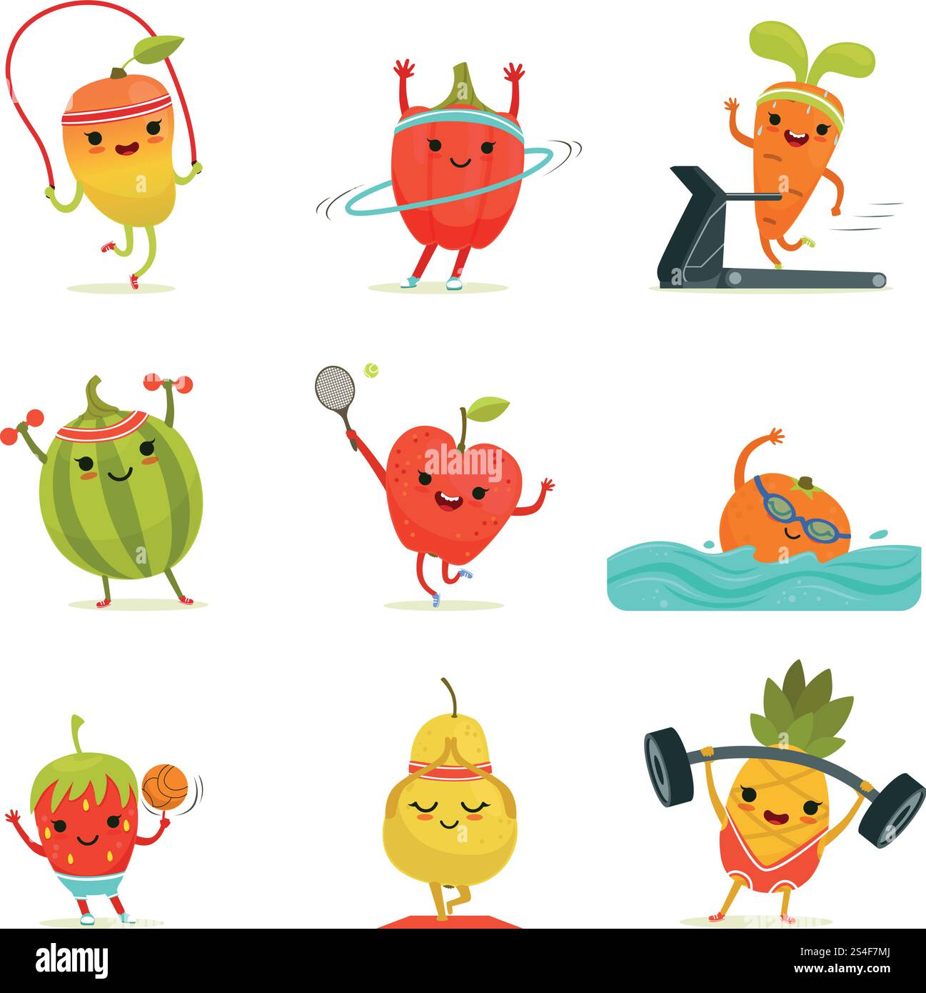Funny fruits make fitness exercises. Vector cartoon set with diet foods ...
