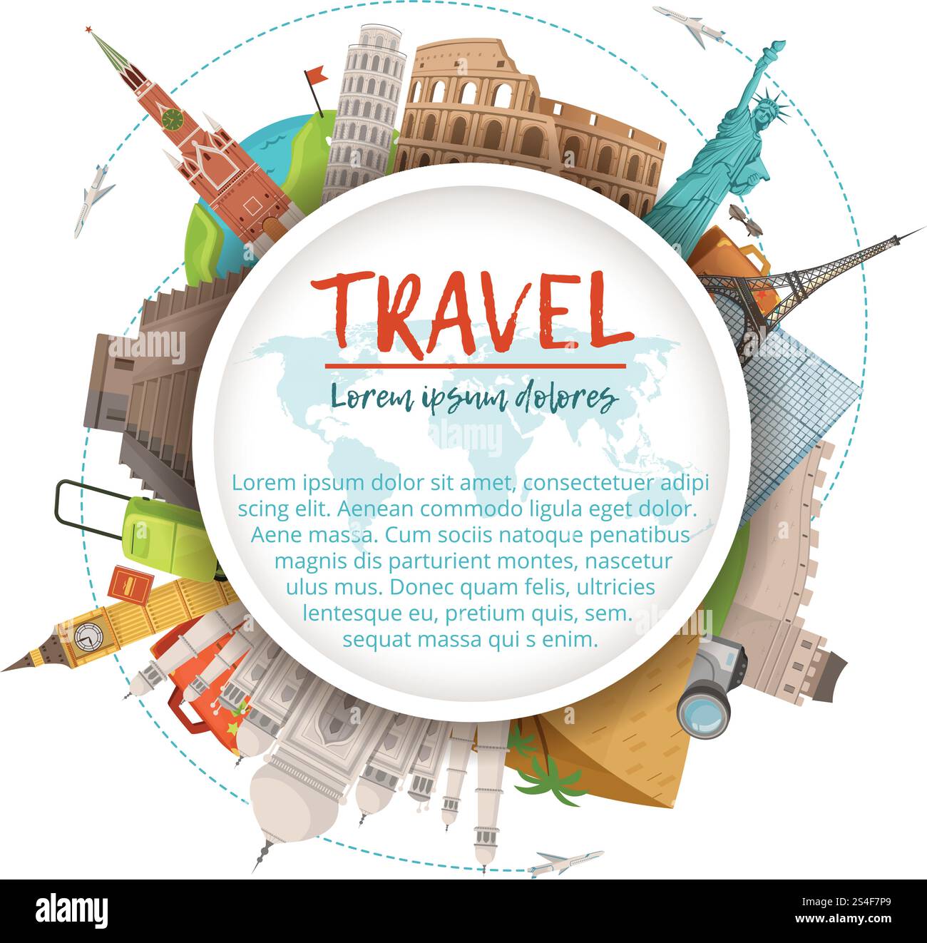 Different world landmarks in circle shape. Design template with place ...