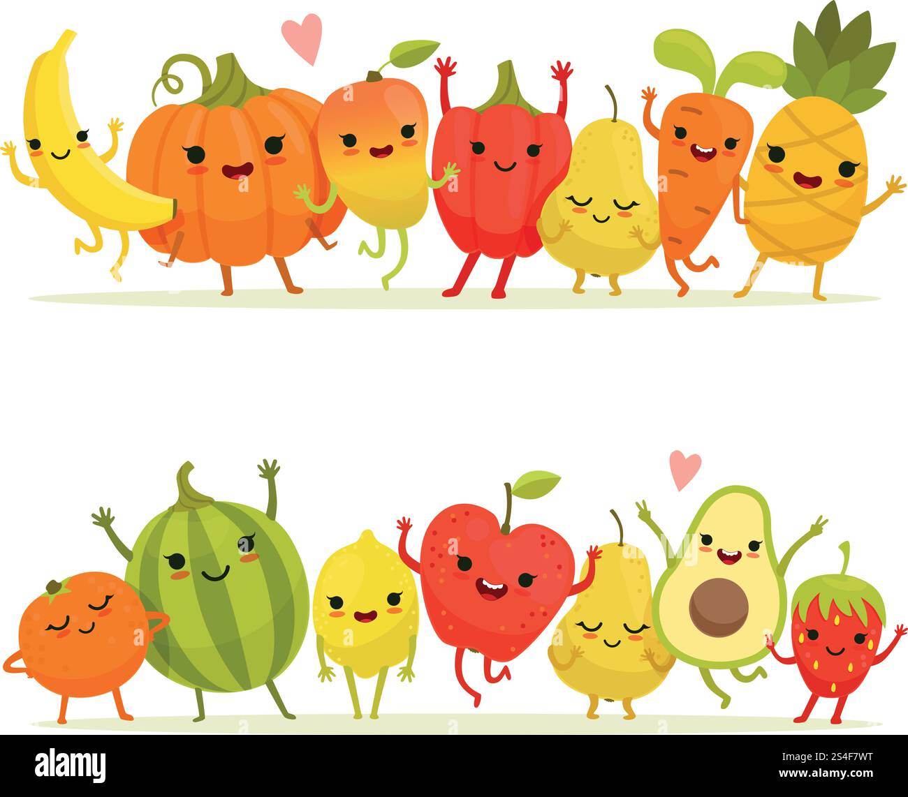 Cartoon fruits and vegetables in group. Vector happy mascots with ...
