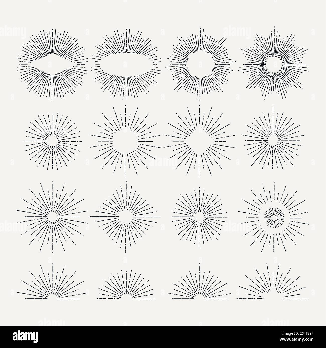 Sunburst illustrations set. Circle shapes design elements. Vector pictures. Linear radial ...