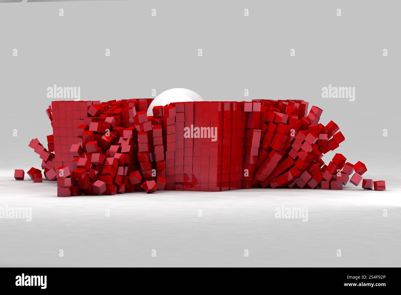 Field of red cubes destroyed by large white ball. 3D render image Stock ...