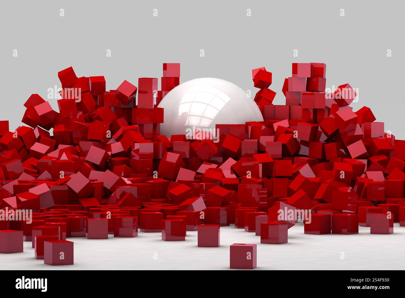 Field of red cubes destroyed by large white ball. 3D render image Stock ...