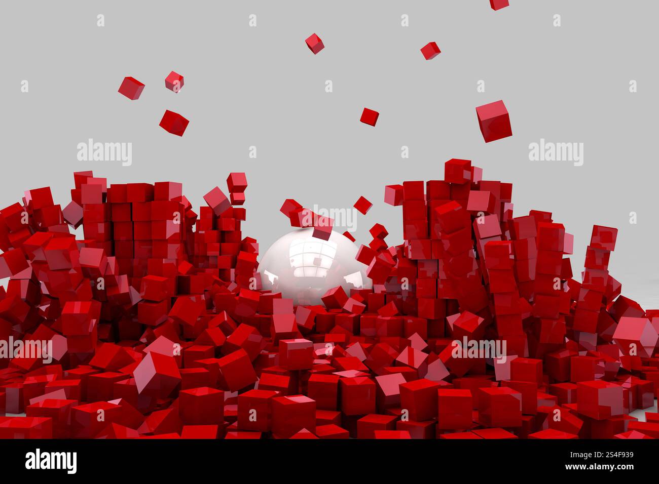 Field of red cubes destroyed by large white ball. 3D render image Stock ...