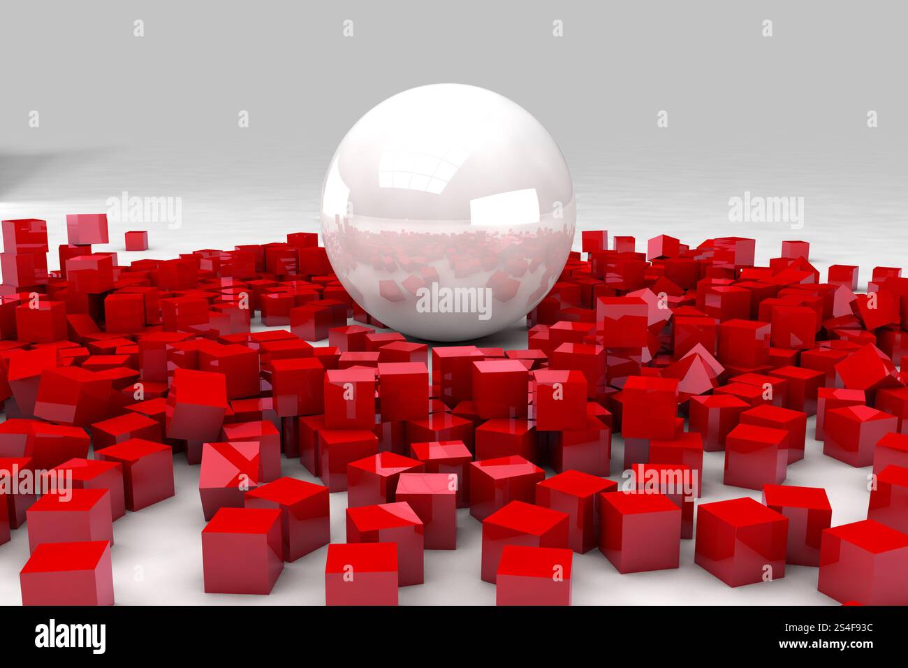 Field of red cubes destroyed by large white ball. 3D render image Stock ...